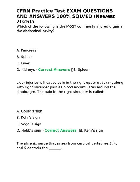 Cfrn Practice Test Exam Questions And Answers 100 Solved Newest 2025 A Exams Nursing Docsity