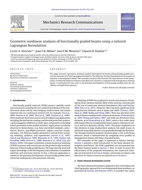 PDF Geometric Nonlinear Analyses Of Functionally Graded Beams Using A Tailored Lagrangian