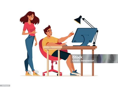 모니터 사무실 작업 벡터 만화 일러스트를보고 여자와 컴퓨터에서 남자 프로젝트 또는 사업 계획 전략 격리 된 평면 설계를 논의하는