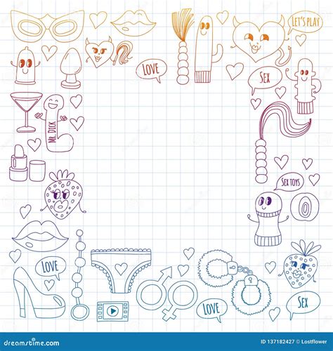 Funny Icons For Sex Shop Cute Cartoon Characters Dildo Strawberry Condom Heart Love And