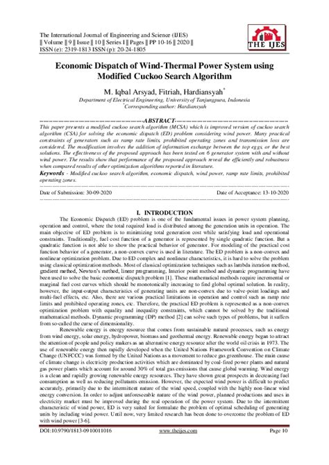 Pdf Economic Dispatch Of Wind Thermal Power System Using Modified Cuckoo Search Algorithm