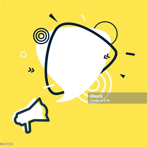 추상기하모양의 스피치 버블과 메가폰 노란색 배경에 흰색 스티커와 검은 색 프레임 프로모션 광고 텍스트를 위한 장소가 있는 현대적인 평면 배너 벡터 카드 일러스트레이션