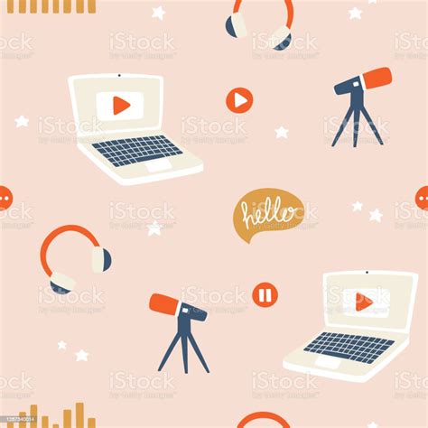 팟 캐스트 원활한 패턴 블로깅 블로그 및 라이브 스트리밍을 위한 벡터 배경입니다 마이크 헤드폰 스피치 버블 노트북으로 손으로