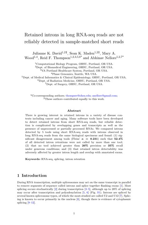Pdf Retained Introns In Long Rna Seq Reads Are Not Reliably Detected In Sample Matched Short Reads