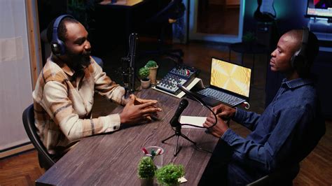 Vlogger Show Host Interviewing Guest In Neon Lights Ornate Personal