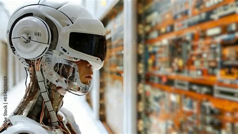 Advanced Humanoid Robot Stands Among Server Racks In A High Tech Data Center In A Futuristic