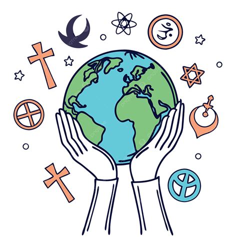 종교적 상징이 있는 지구 손이 화합의 지구를 잡고 있다 종교통합 손에 쥐고 있는 지구 글로벌 신앙 기호 Png 일러스트 및 이미지 에 대한 무료 다운로드 Pngtree