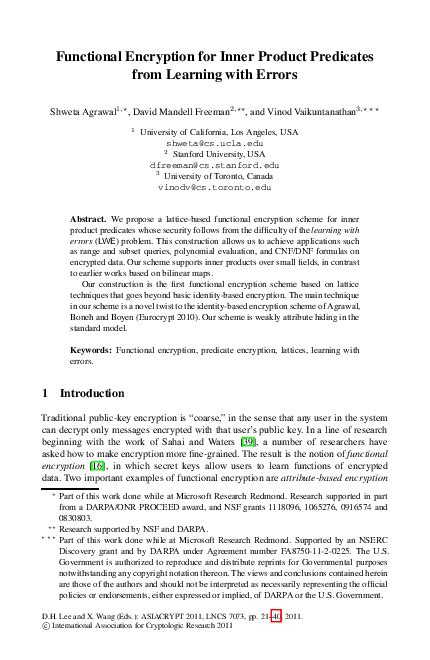 pdf functional encryption for inner product predicates from learning