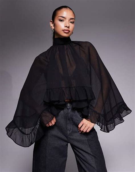 Afrm Sheer High Neck Angel Ruffle Sleeve Diamante Detail Top With Mesh
