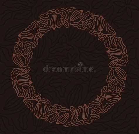 Cocoa Bean Circle Frame Background Beans And Branches Leaves Of Plant Editable Outline Stroke