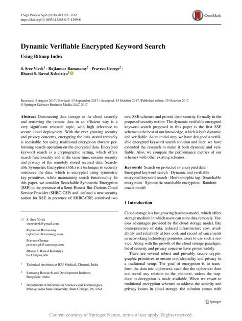 Dynamic Verifiable Encrypted Keyword Search Using Bitmap Index Request Pdf