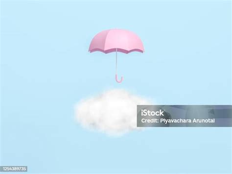 하늘 파스텔 블루 배경 3d 렌더링에 비 구름핑크 우산 3d 일러스트 장마 시즌 인사말 카드 템플릿 최소한의 개념 가을에 대한