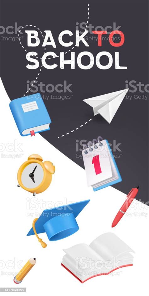 배경에 학교 용품이있는 흰색 배너로 돌아 가기 벡터 3d 일러스트레이션 문구류 펜 연필 및 마커 펜 0명에 대한 스톡 벡터 아트 및 기타 이미지 Istock