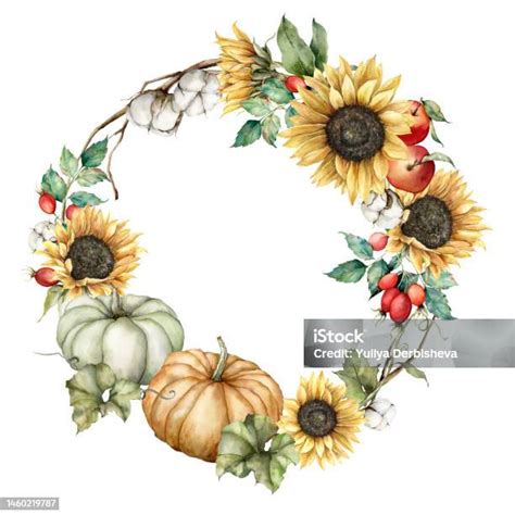 호박 해바라기 나뭇잎 사과의 수채화 가을 화환 흰색 배경에 격리된 손으로 그린 소박한 구성 디자인 인쇄 직물 배경에 대 한 꽃 그림입니다 0명에 대한 스톡 벡터 아트 및