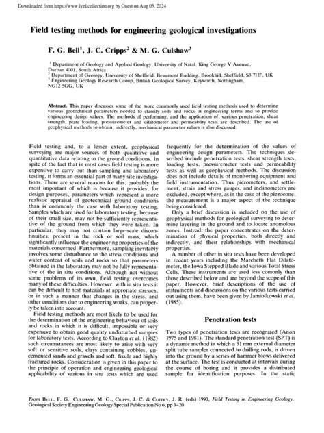 Bell Et Al 1990 Field Testing Methods For Engineering Geological Investigations Pdf Strength