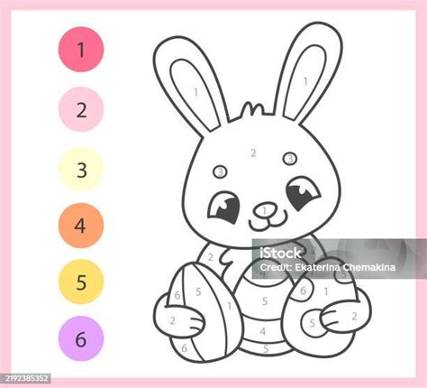 부활절 달걀을 곁들인 귀여운 분홍색 토끼와 함께 아이들을 위한 숫자로 색칠하기 책 만화 토끼와 함께 색칠 공부 페이지 벡터 일러스트 레이 션 공휴일에 대한 스톡 벡터 아트