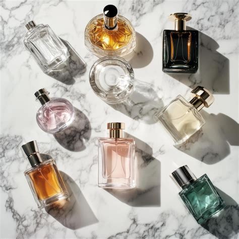 Perfume Bottles Collection Luxe Marble Countertop Editorial Photography Premium Ai Generated Image