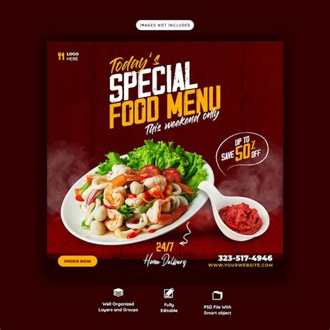 음식 메뉴 및 레스토랑 소셜 미디어 게시물 템플릿 무료 Psd 파일