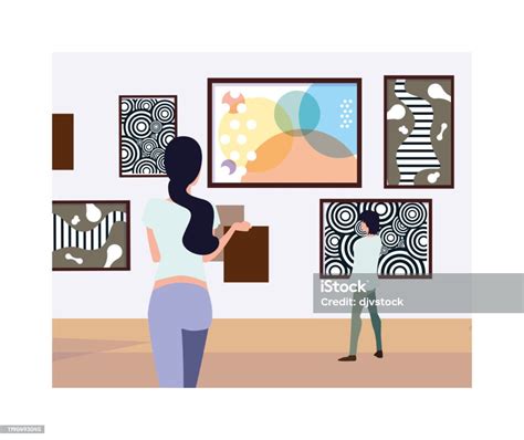 현대 미술 갤러리에서 두 사람 현대 추상화를 보는 전시 방문자 개발에 대한 스톡 벡터 아트 및 기타 이미지 개발 건축 경관 Istock