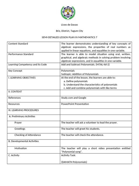 Lesson Plan 9 1 Polynomials Addition Pdf
