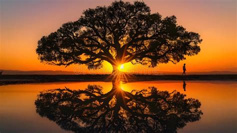 Silhouette Of Oak Tree At Sunset With Reflections Stock Illustration