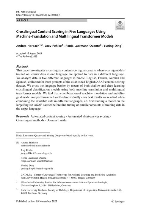 Pdf Crosslingual Content Scoring In Five Languages Using Machine Translation And Multilingual