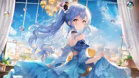 Wallpaper Girl Dress Flowers Blue Anime Hd Picture Image