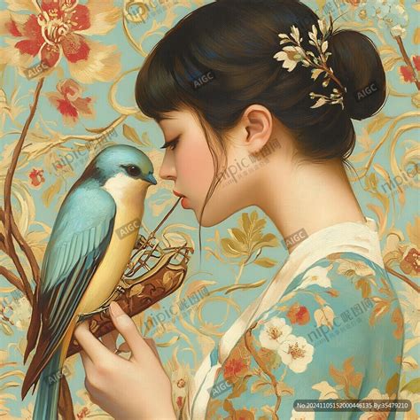 Ai创作图少女和小鸟的对话 花鸟少女 少女与仙鹤 少女与孔雀 孔雀与少女 工笔少女 欧美花鸟 国风香梨的女人 国风香梨女人 数字油画插画设计 复古美女工笔画 鸟插画创作 手绘古典女孩 复古风