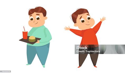 패스트 푸드 벡터 세트와 과체중과 체지방 보유 트레이와 작은 소년 아이에 대한 스톡 벡터 아트 및 기타 이미지 아이 비만증 소년 Istock