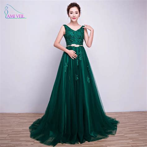 가운 드 야회 에메랄드 녹색 진주 아플리케 V 위로 레이스 긴 이브닝 드레스 골드 벨트 댄스 파티 정장 신부 가운 Gt60