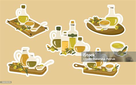 올리브 오일 병이 있는 스티커 세트입니다 유리 투수와 나무 판자에 엑스트라 버진 올리브 오일의 코르크 마개 병 올리브 나무
