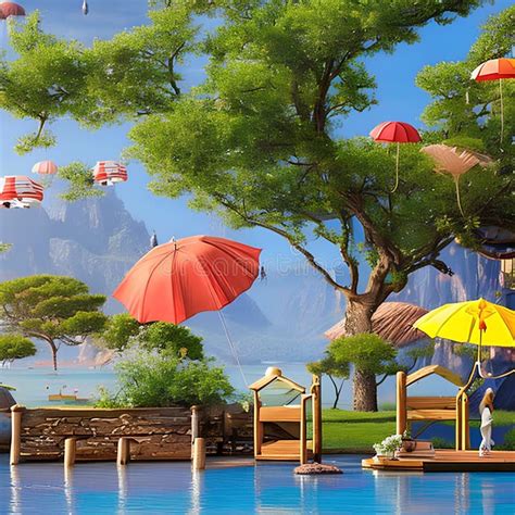 A Surreal Dreamscape With Floating Umbrellas Whimsical Characters And