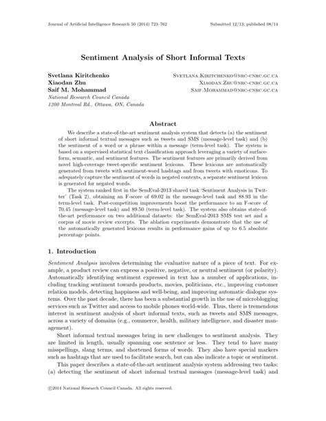 Pdf Sentiment Analysis Of Short Informal Text
