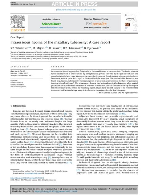Pdf Intraosseous Lipoma Of The Maxillary Tuberosity A Case Report Sasa Z Tabakovic