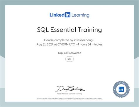 Just Finished The Course “sql Essential Training” By Walter Shields