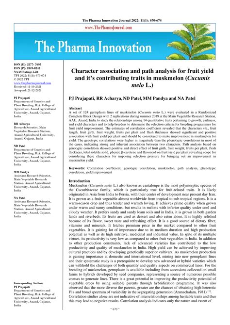 Pdf Character Association And Path Analysis For Fruit Yield And Its Contributing Traits In