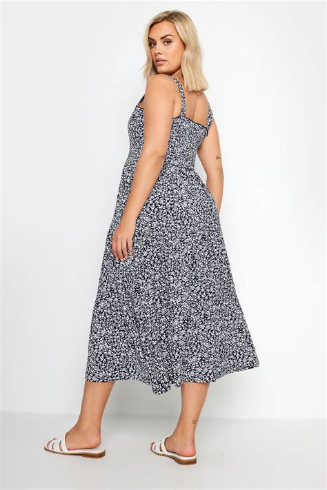 Yours Plus Size Navy Blue Ditsy Floral Print Shirred Midi Dress Yours