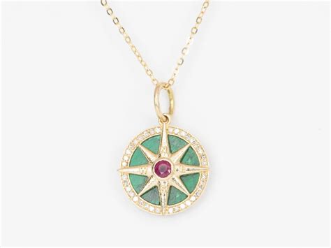 Compass Star Pendant With Diamond Halo Ruby Center And Malachite Backing 14k Gold For Sale At
