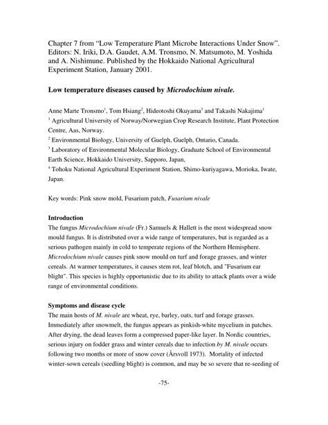 Pdf Low Temperature Diseases Caused By Microdochium Nivale