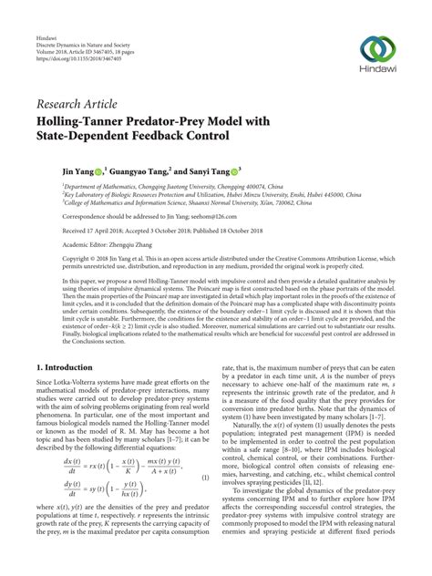 Pdf Holling Tanner Predator Prey Model With State Dependent Feedback Control