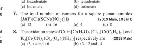 The Total Number Of Isomers For A Square Planar Complex [m F Cl Scn N