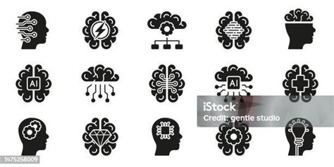 브레인스토밍 인간의 마음 스트레스 인공 지능 흰색 배경에 있는 단색 기호 컬렉션 인간의 두뇌와 Ai 개념 블랙 실루엣 아이콘 세트 고립된 벡터 그림 Mental