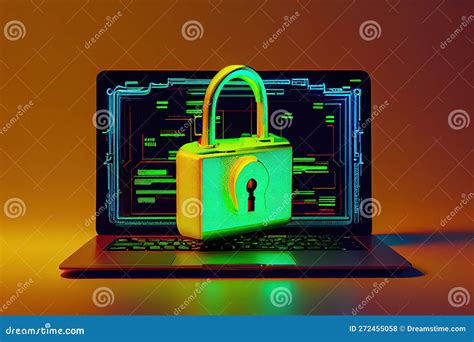 Computer On Neon Green Background With Lock As A Concept Of Cyber Security And Protecting