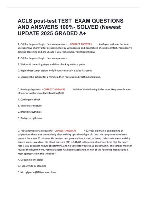 Summary ACLS Post Test TEST EXAM QUESTIONS AND ANSWERS 100 SOLVED Newest UPDATE 2025 GRADED