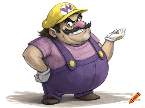 Illustration Of Wario Posing Wearing Yellow Cap Purple Overalls And