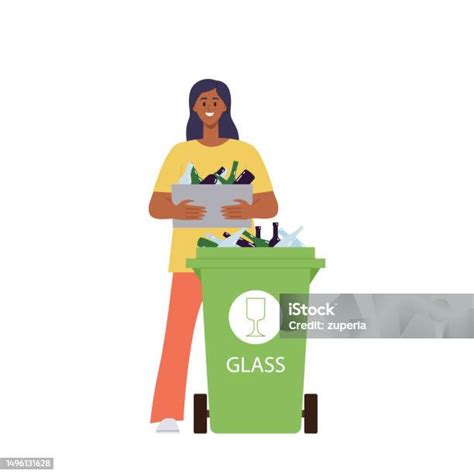 젊은 여자 만화 자원 봉사자 캐릭터가 재활용을 위해 폐기물을 준비하는 유리병을 던지고 있다 재활용에 대한 스톡 벡터 아트 및