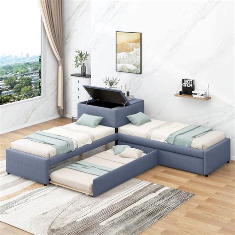 Goohome L Shaped Platform Bed With Trundle And 2 Storage