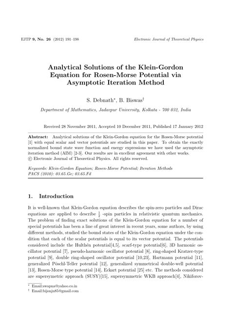 Pdf Analytical Solutions Of The Klein Gordon Equation For Rosen Morse