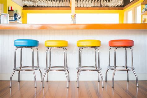 Brightly Colored Vintage Bar Stools Lined Up At Chrome Counter Stock Image Image Of Counter