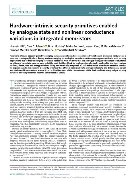 Hardware Intrinsic Security Primitives Enabled Pdf Electrical